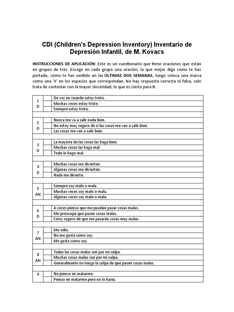 Inventario de Depresion Infantil Cdi Kovacs | PDF | Depresión (estado ...