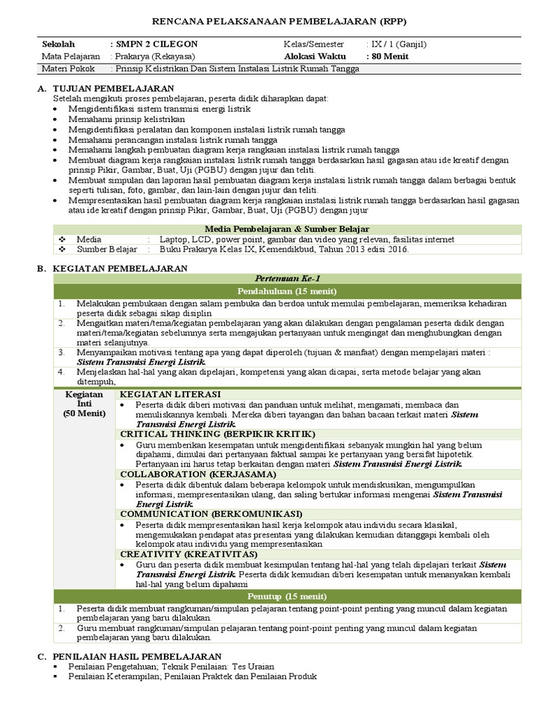 RPP I Prakarya (Rekayasa) Kelas 9 SEM 1 | PDF
