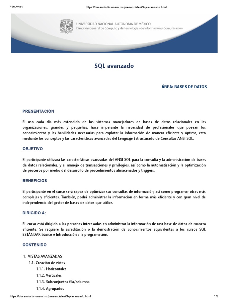 SQL-Avanzado Solo Temario UNAM | PDF | Negocios | Informática