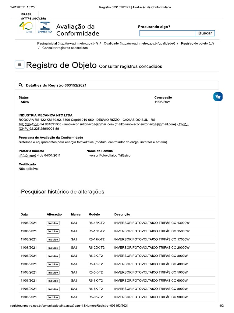 Registro 003152 - 2021 - Avaliacao Da Conformidade | PDF