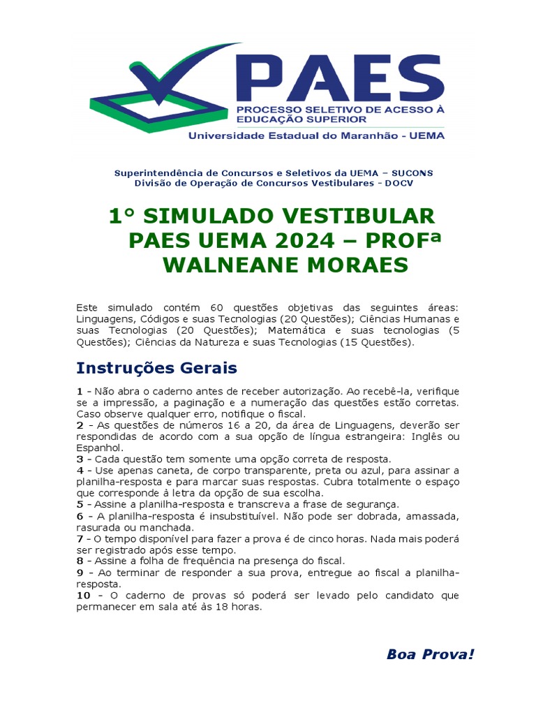 1° Simulado Paes Uema 2024 - Prof Walneane Moraes | PDF