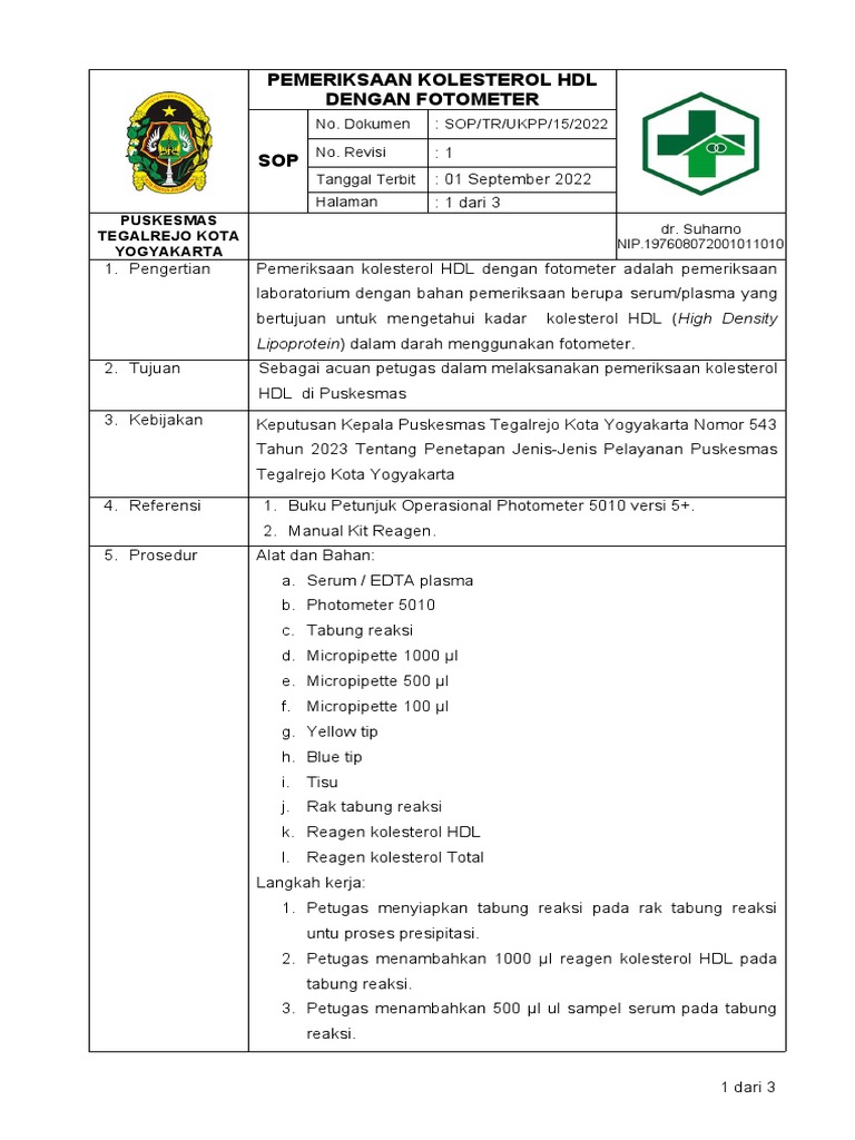 SOP Pemeriksaan Cholesterol HDL Dengan Fotometer | PDF