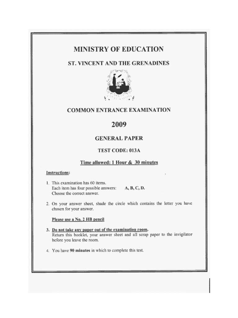 Common Entrance Exam 2009 General Paper | PDF