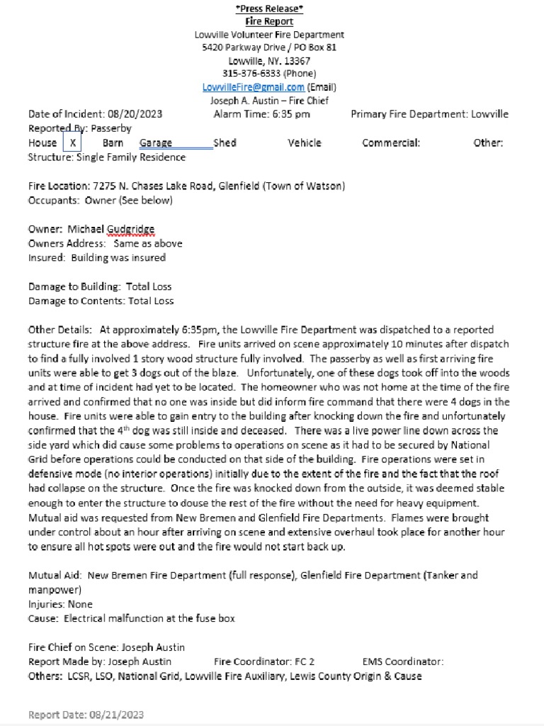 Lowville Fire Department - N. Chases Lake Road - 8.21.2023 | PDF Lowville Fire Department - N. Chases Lake Road - 8.21.2023 | PDF