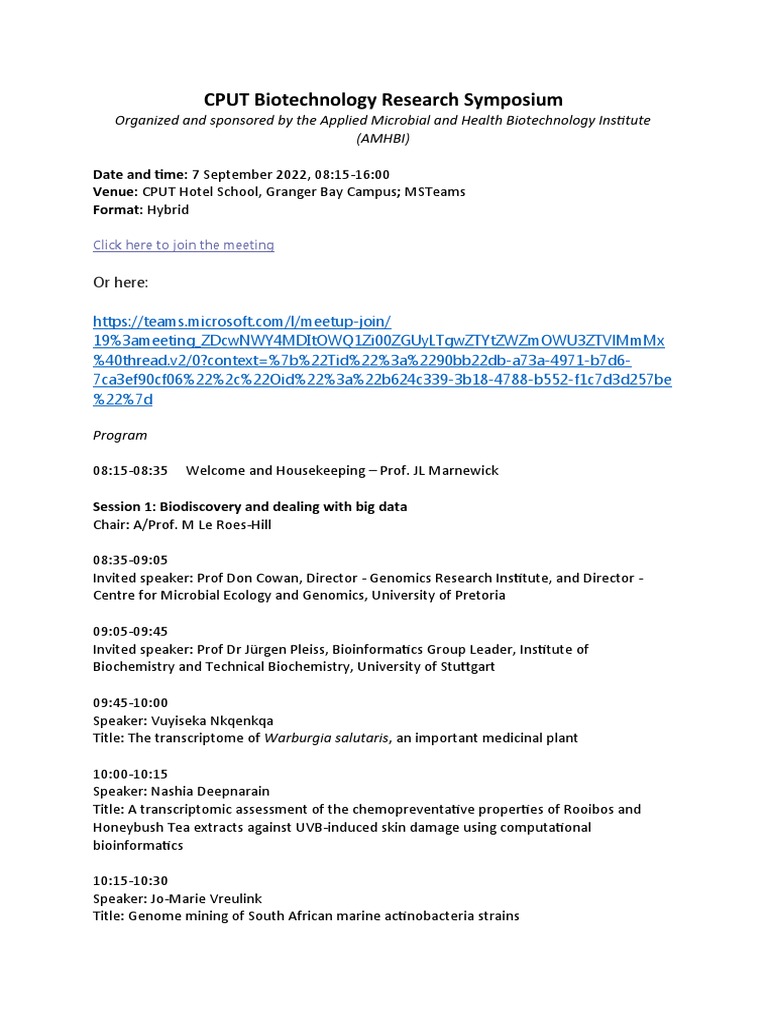 CPUT Biotechnology Research Symposium - Program | PDF