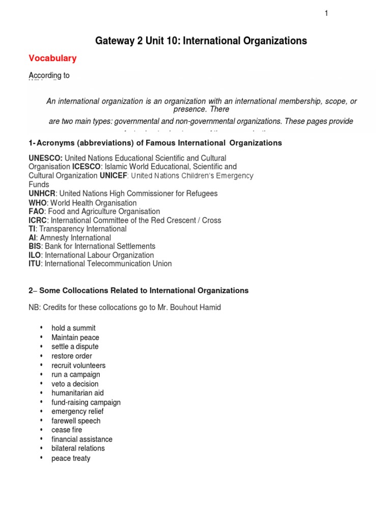 Vocabulary for International Organizations | PDF | United Nations ...