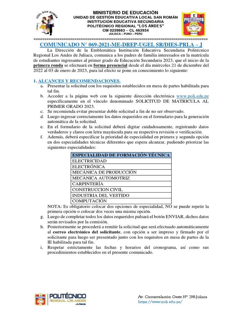 69 Comunicado General Matricula 1er Grado 2 | PDF