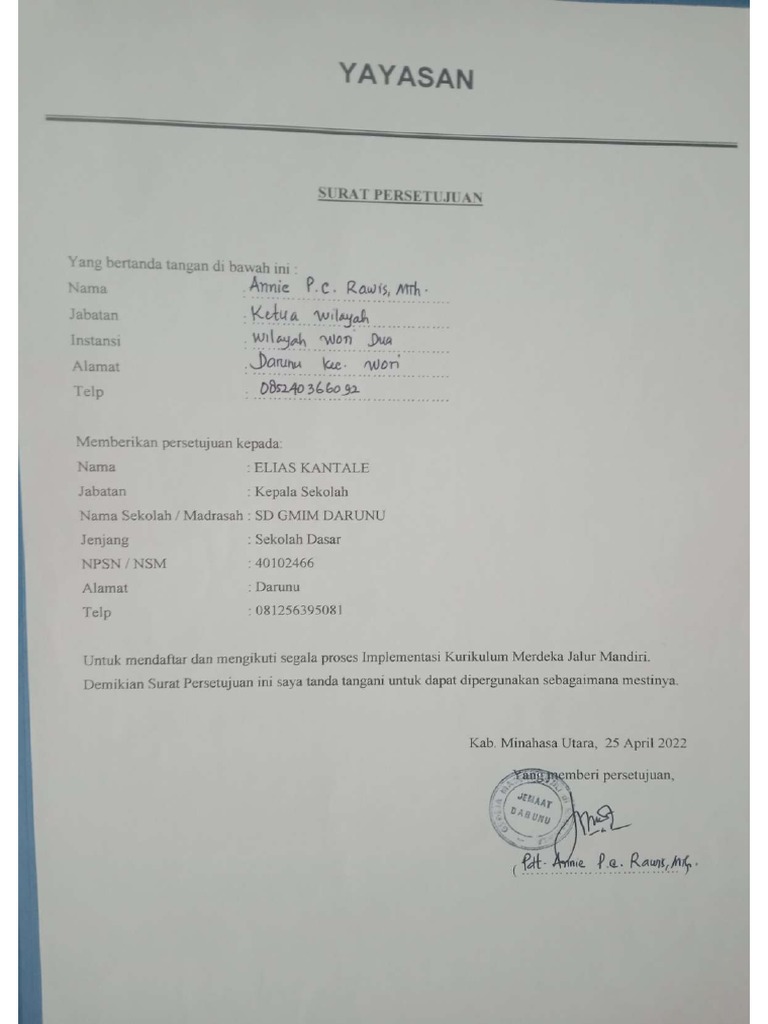 Surat Pernyataan Yayasan | PDF