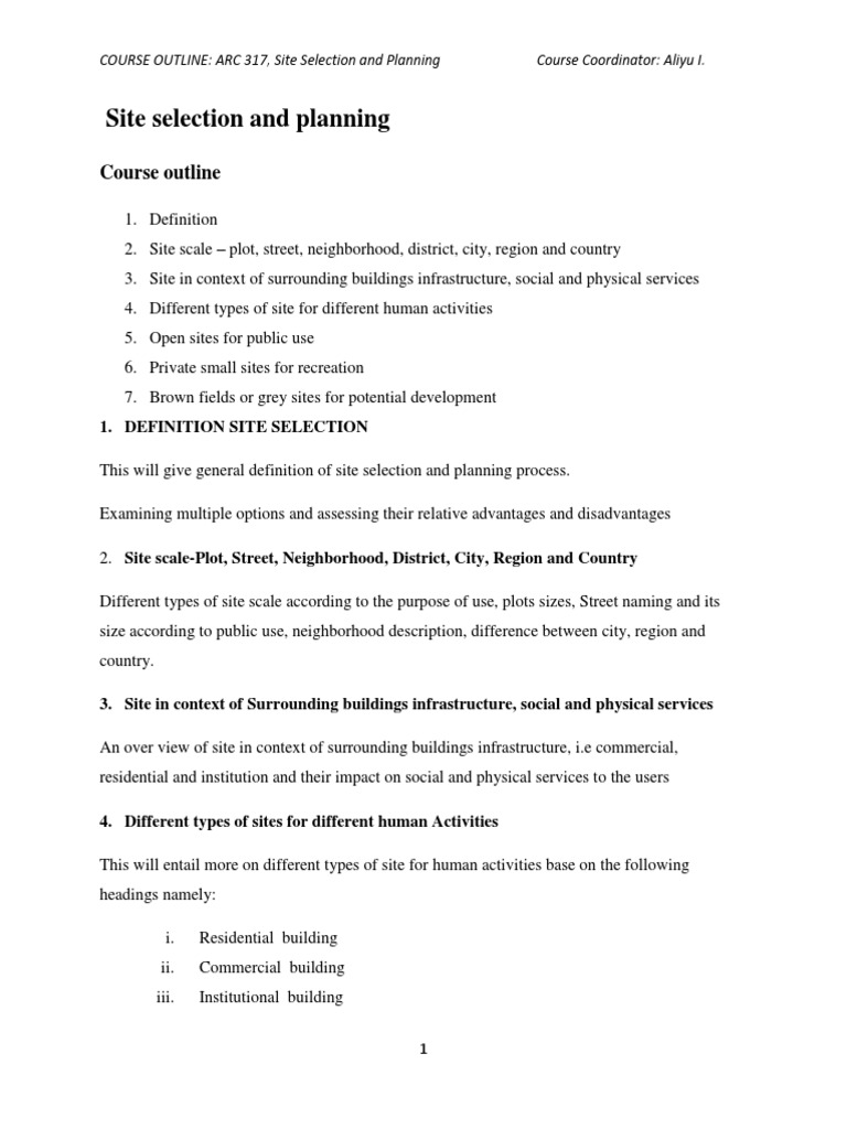 Site Selection and Planning Lecture Note | PDF