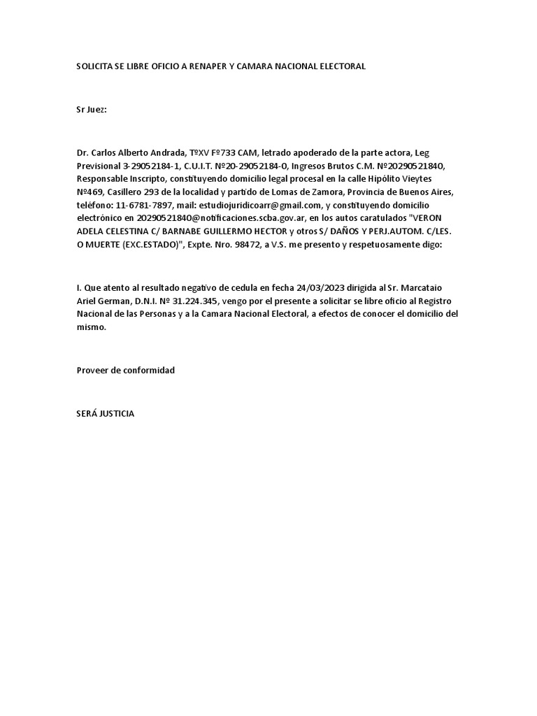 Solicitud de Oficio a Renaper y CNE | PDF | Ciencias sociales | Derecho