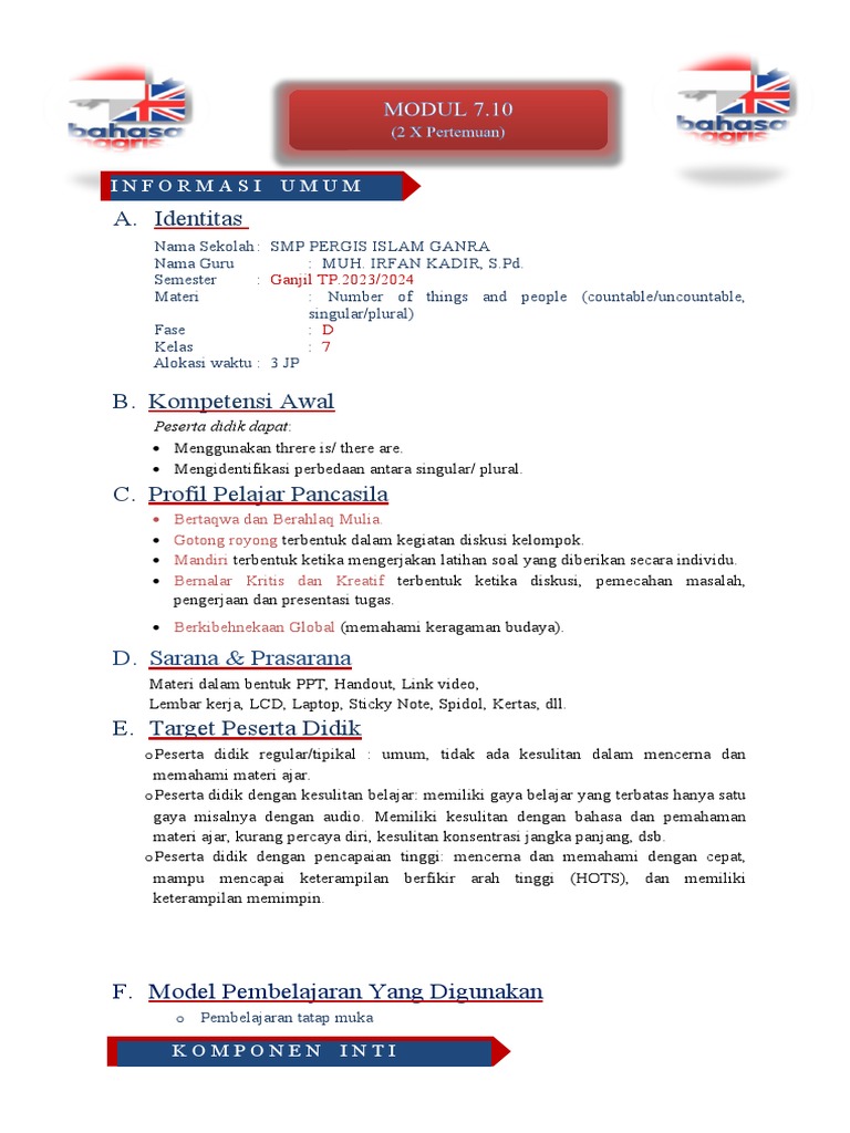 Modul Ajar 7.10 Uncountoble Noun | PDF