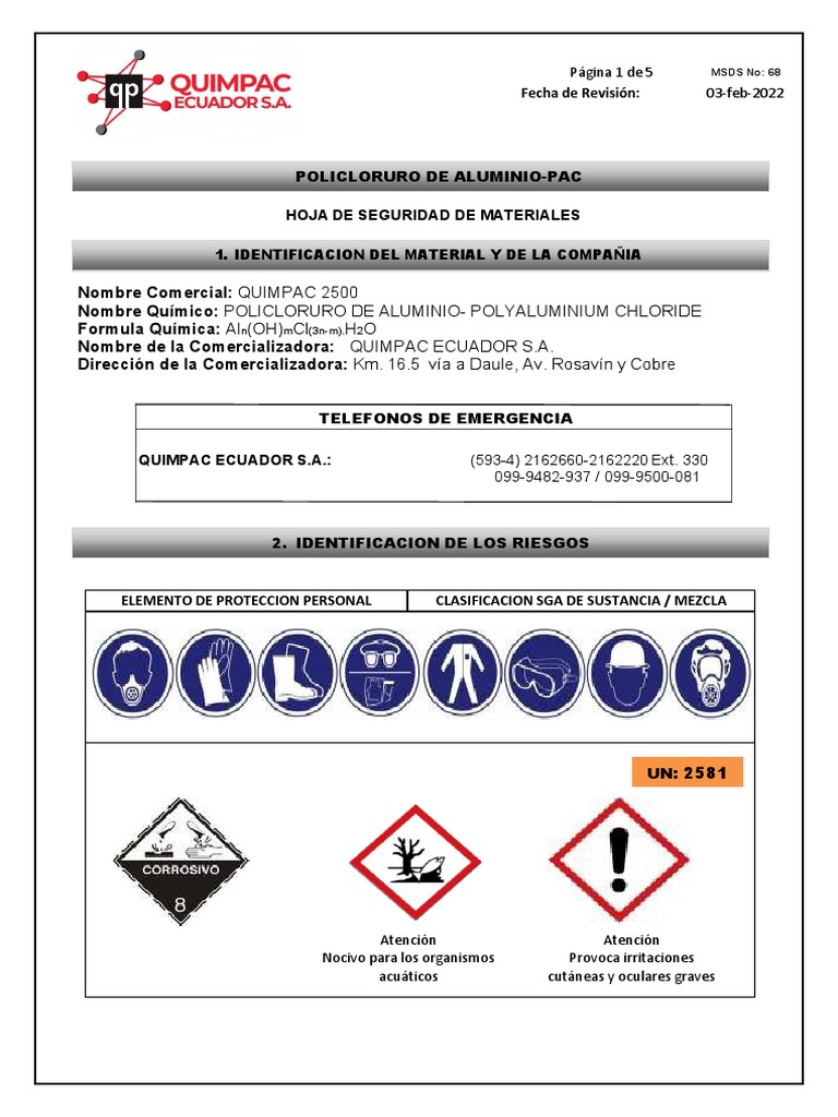 Hoja de Seguridad Policloro de Aluminio | PDF