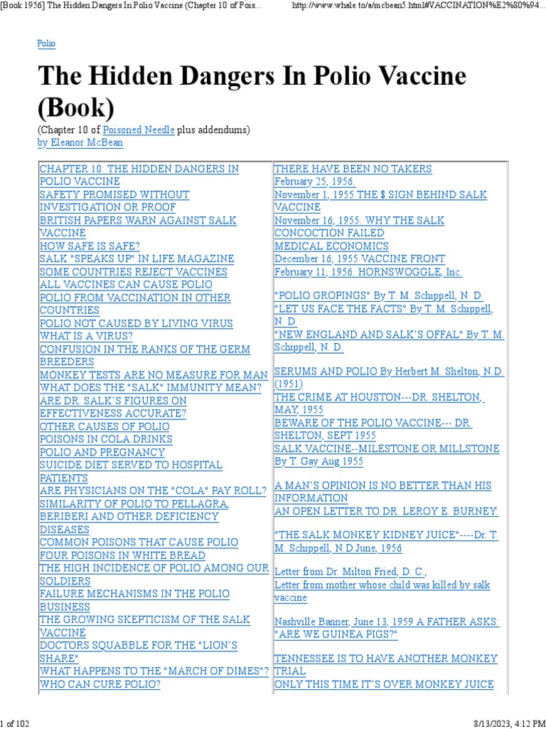 [Book 1956] The Hidden Dangers In Polio Vaccine (Chapter 10 of Poisoned Needle) by Eleanor ...