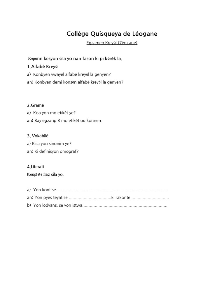 Egz Kreyòl 7e AF-4e Kont | PDF