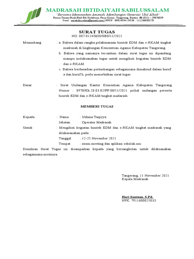 Surat Tugas Bimtek Edm Dan E-Rkam Uzhma Taqiyya | PDF