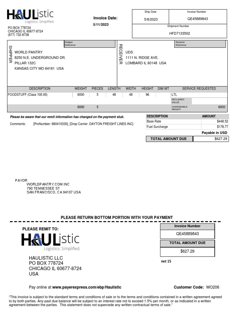 Haulistic LLC Invoice QE45889843 | PDF