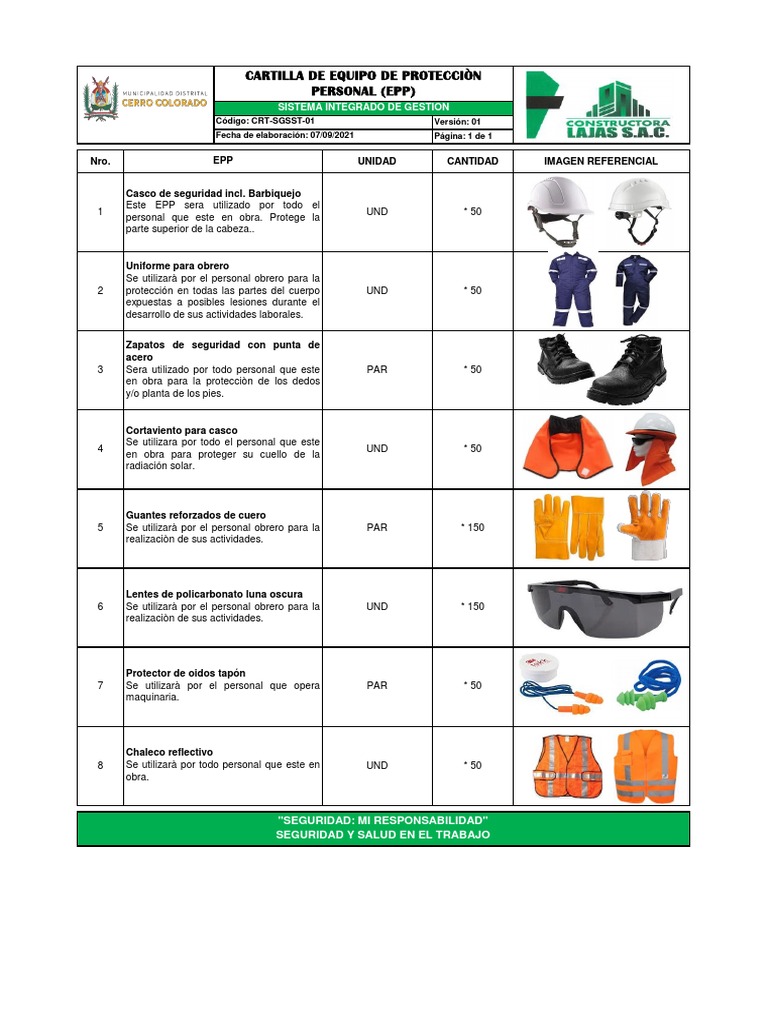 CRT-SGSST-01 - Cartilla de Equipos de Protección Personal EPP | PDF