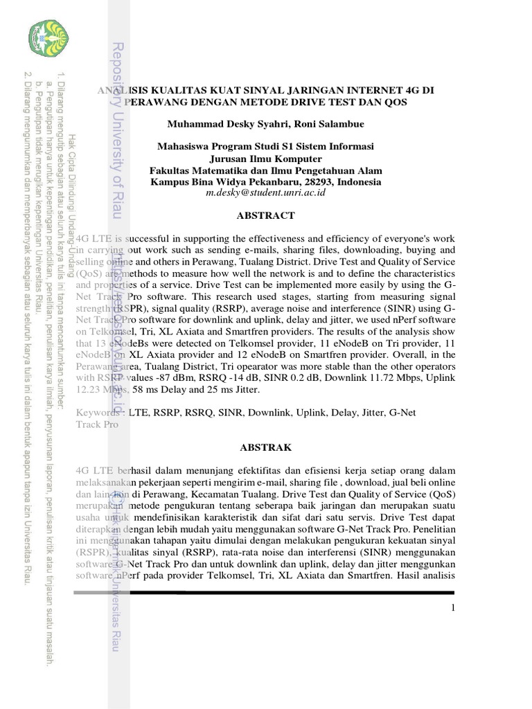 Kualitas Sinyal 4G di Perawang: Analisis QoS | PDF | Teknologi & Rekayasa