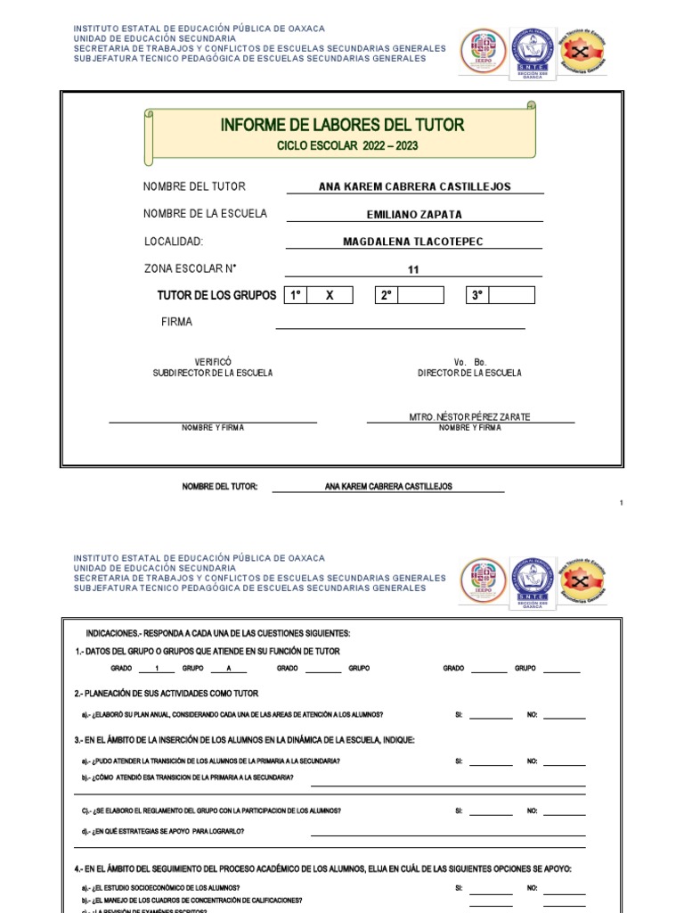 Informe de Labores Del Tutor 2022-2023 Formato | PDF | Educación Secundaria