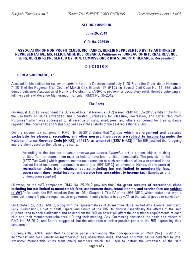 ANPC Vs BIR, GR NO. 228539 | PDF | Taxes | Value Added Tax
