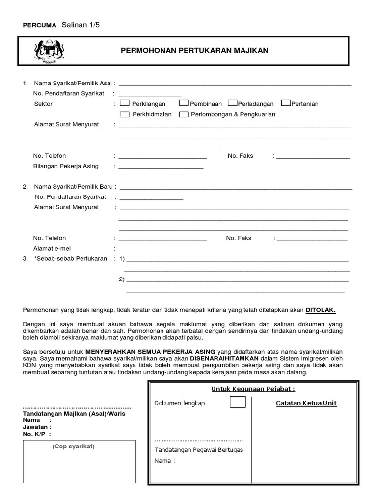 Permohonan Pertukaran Majikan - Borang Dan Senarai Semak | PDF