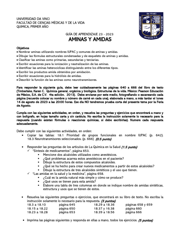 Guía de Aprendizaje 23 - 2023. Aminas y Amidas | PDF