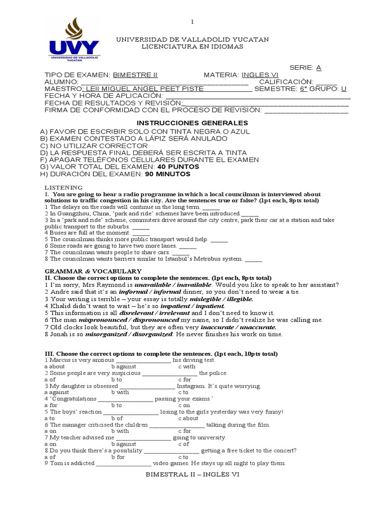 English VI Exam Instructions and Content | PDF | Foreign Language Studies