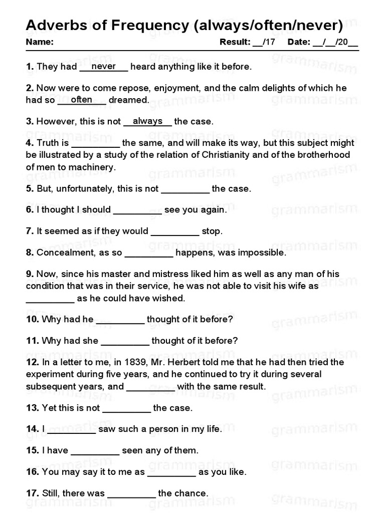 Grammarism Adverbs of Frequency Test 1 1056744 | PDF