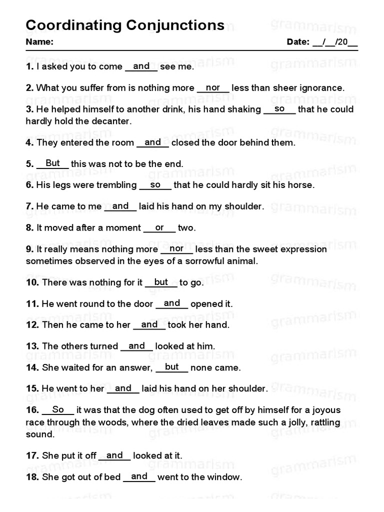 Subordinating Conjunctions Worksheet