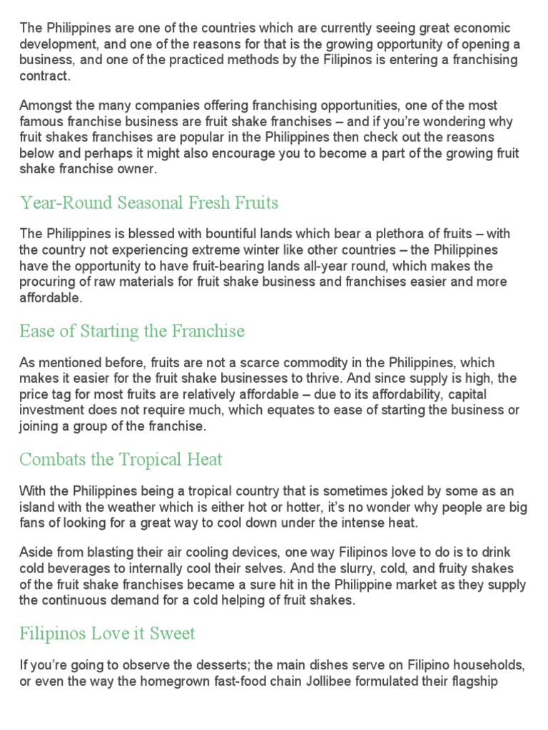 Fruit Shake Franchises in Philippines | PDF | Food And Drink | Economies
