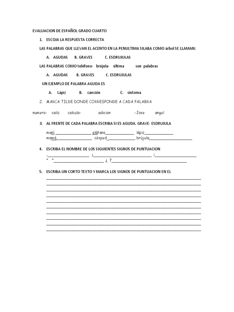 Evaluacion Acento Grado Cuarto | PDF