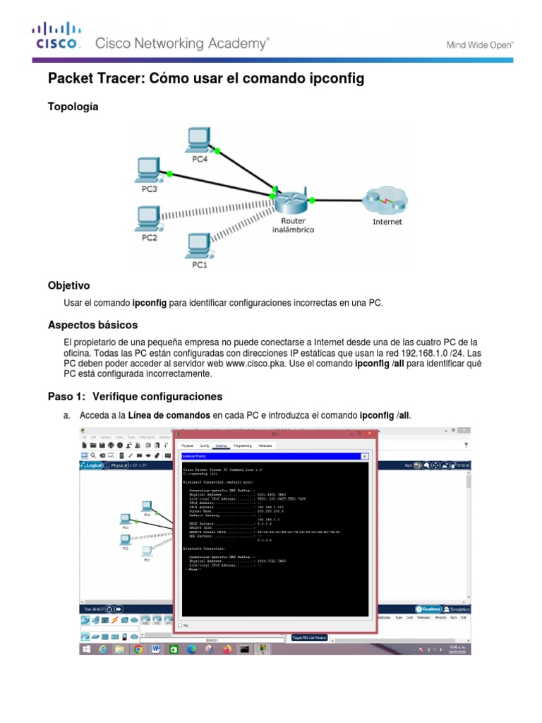 9.2.2.2 Packet Tracer - Using The Ipconfig Command | PDF