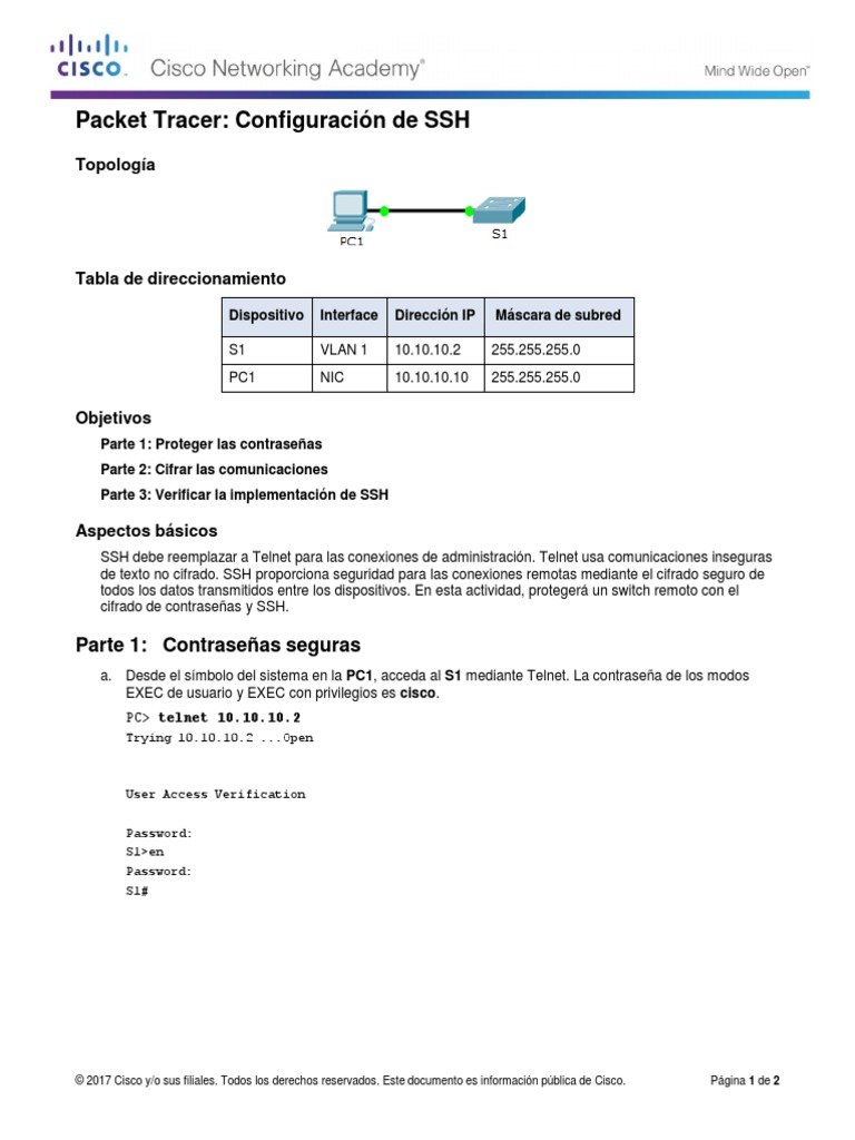8.5.3.5 Packet Tracer - Configuring SSH | PDF | Cubierta segura | Contraseña
