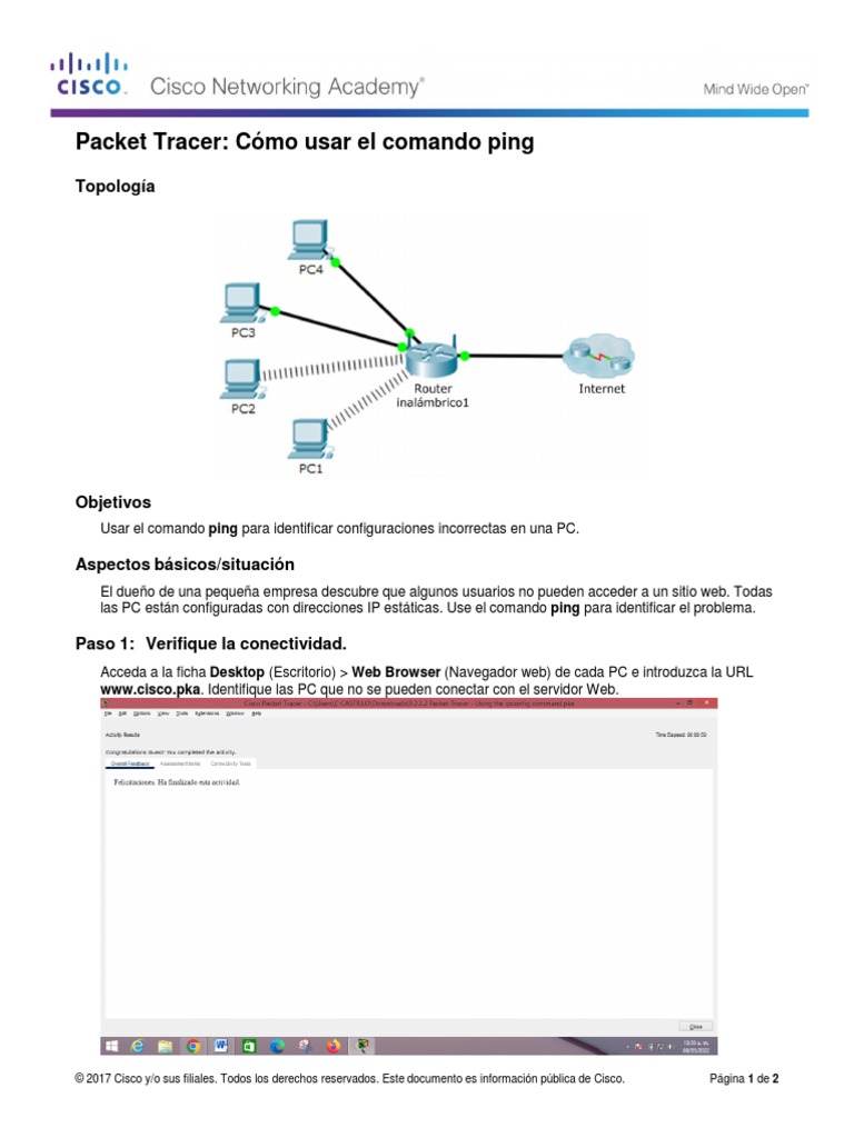 9.2.3.3 Packet Tracer - Using The Ping Command | Descargar gratis PDF | Red mundial | Internet y web