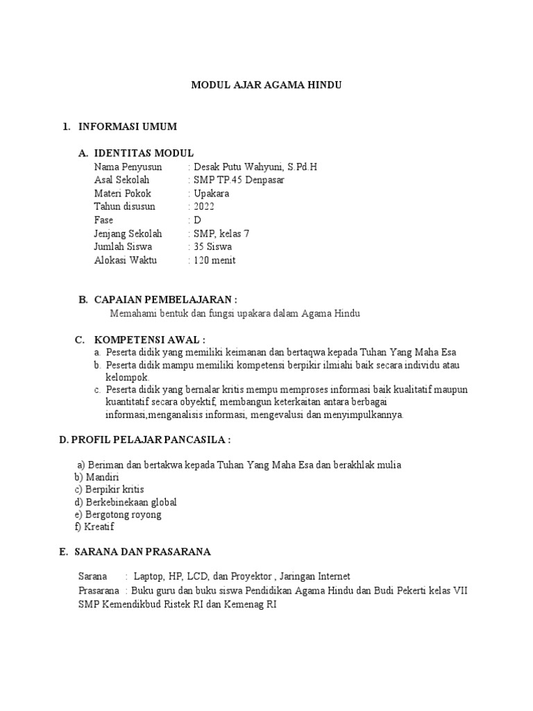 Modul Ajar Upakara Agama Hindu SMP | PDF | Karier & Perkembangan ...