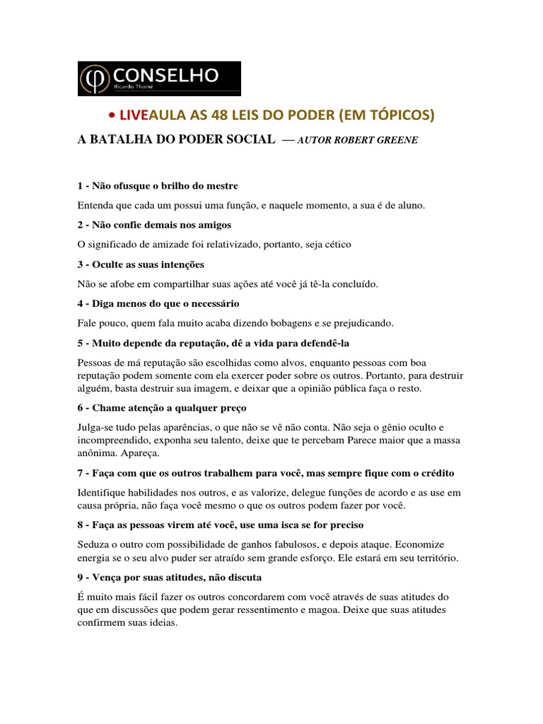 Resumo - As 48 LEIS DO PODER em Tópicos (Robert Greene) | PDF