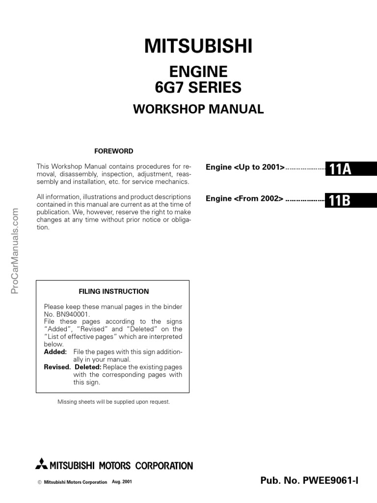 Mitsubishi Engine 6G7 Series Workshop Manual | PDF