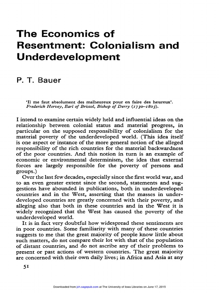 Bauer, P. T. - The Economics of Resentment - Colonialism and Underdevelopment 1969 | PDF