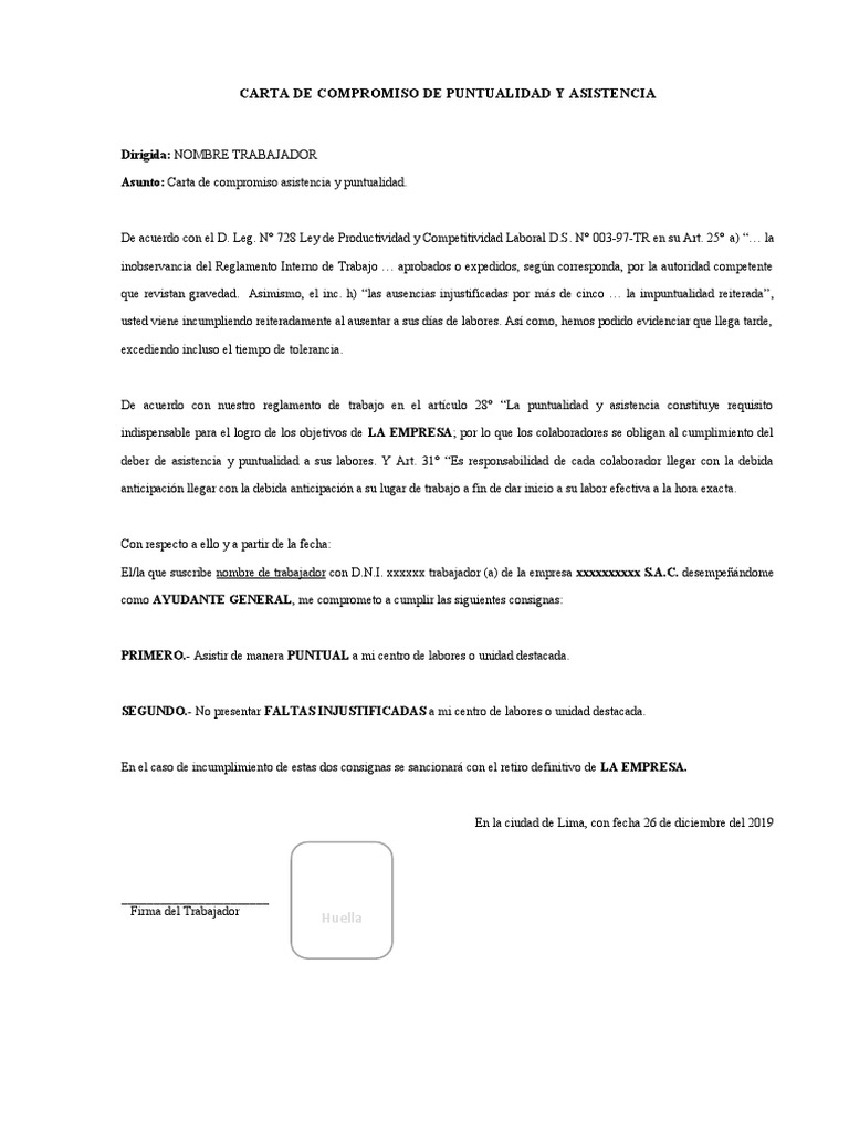 Carta de Compromiso de Puntualidad y Asistencia | PDF