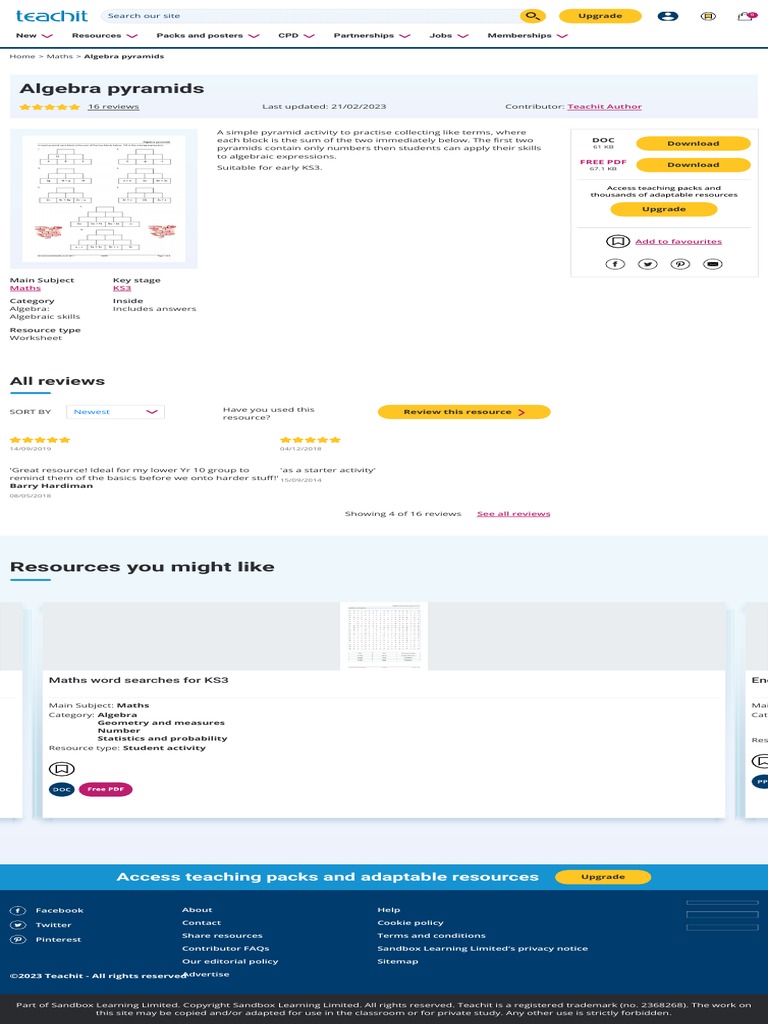 Algebra Pyramids KS3 Maths Collecting Terms Teachit | PDF