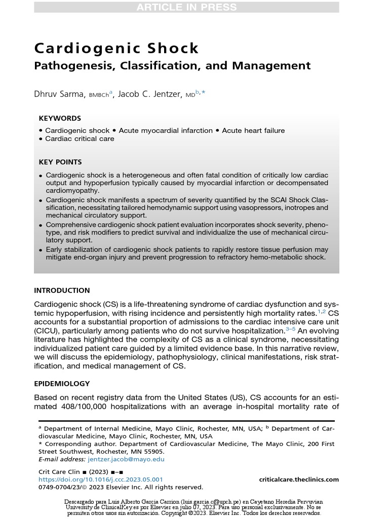 Cardiogenic Shock Pathogenesis, Classification, and Management | PDF