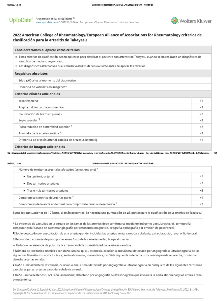 Criterios de Clasificación ACR - EULAR 2022 para TAK - UpToDate ES | PDF