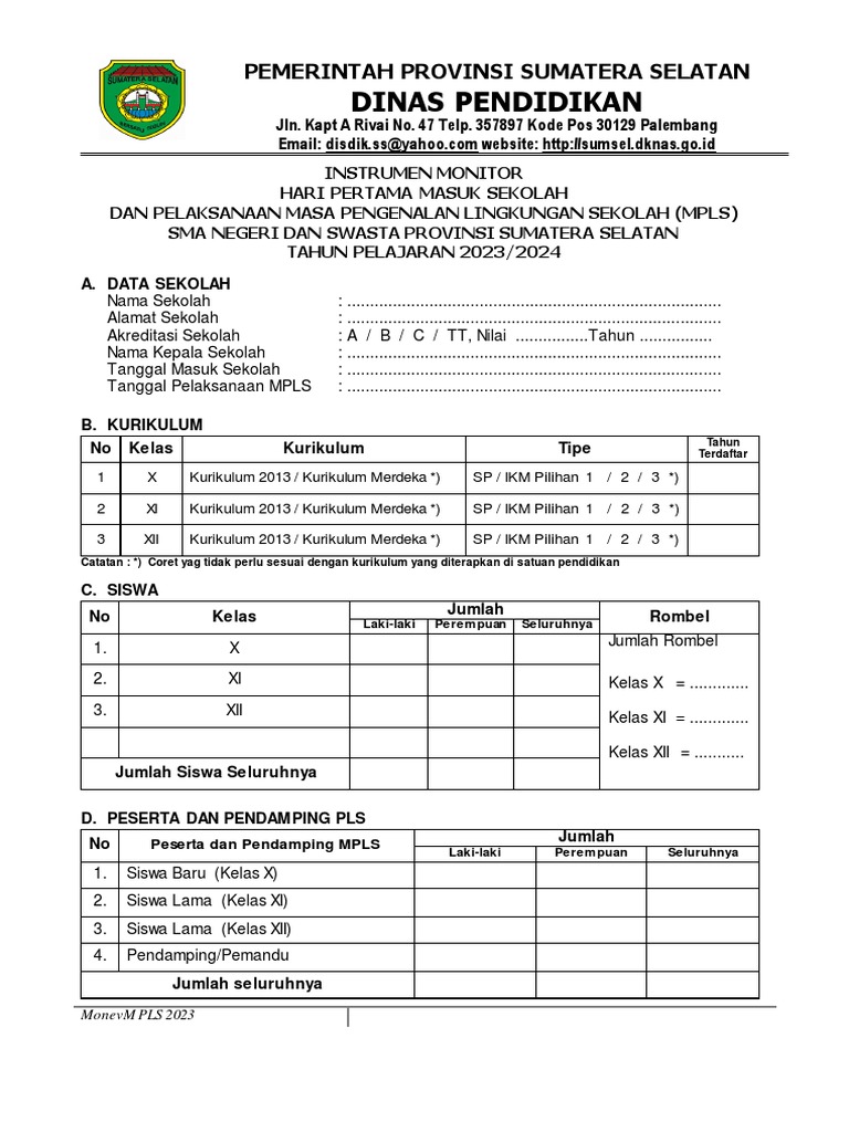 Instrumen Monitoring Hari Pertama - MPLS SMA TA 2023 | PDF