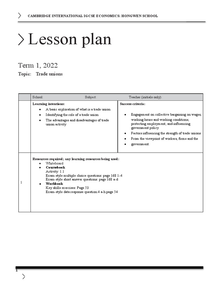 IGCSE ECONOMICS Trade Union 3.4 Unit Planner | PDF | Trade Union | Learning