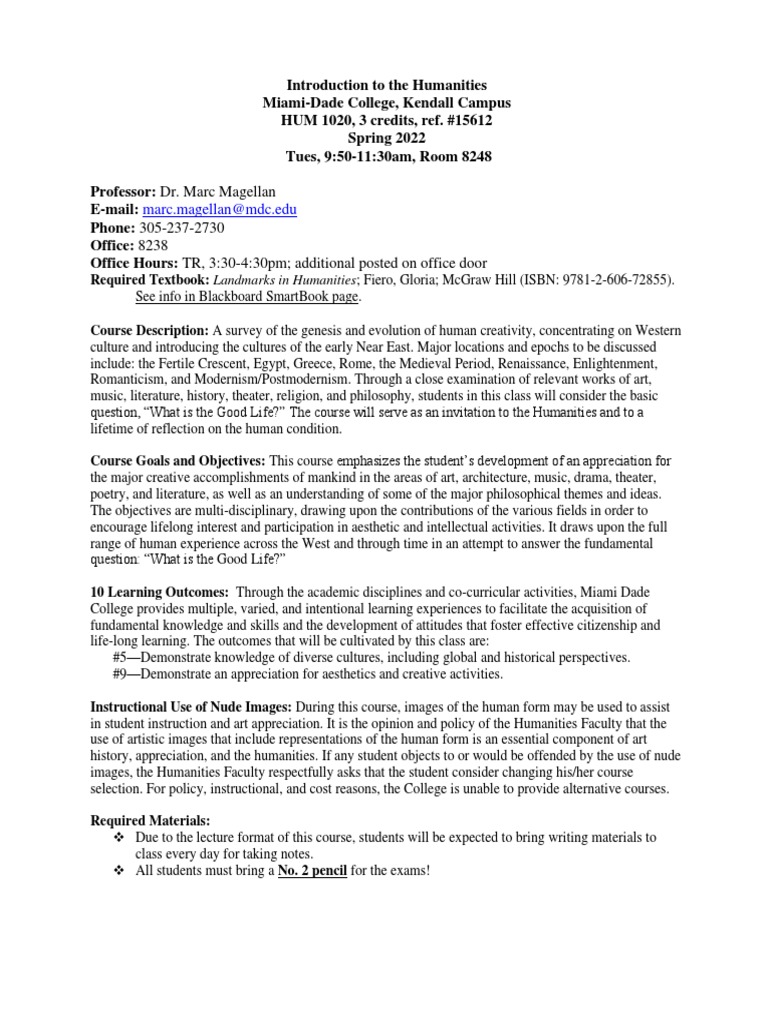 HUM 1020 Syllabus T (Mini) | PDF | Humanities | Quiz