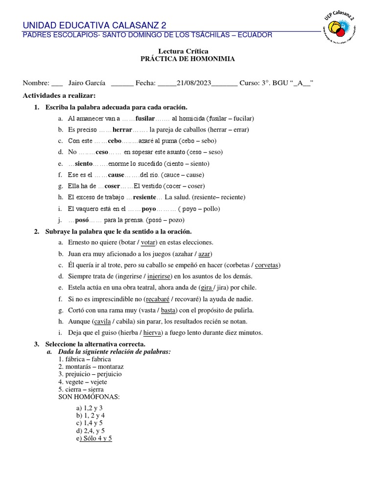 Tarea HOMONIMIA 3AB | PDF