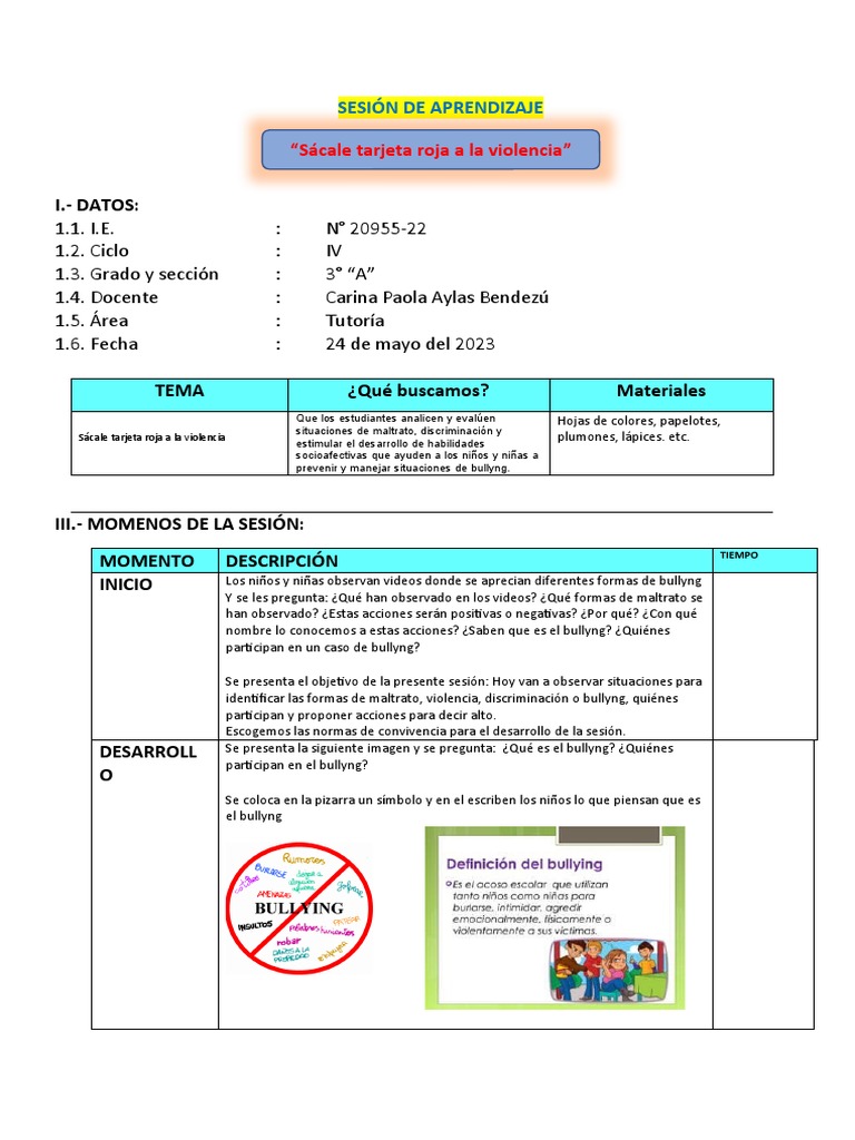 SESIÓN DE APRENDIZAJE Tutoría 1 | PDF