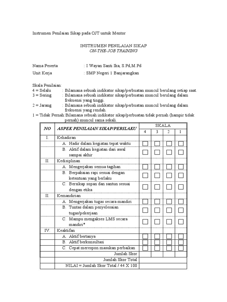 Instrumen Penilaian Sikap Pada OJT Untuk Mentor (OJT 1) | PDF