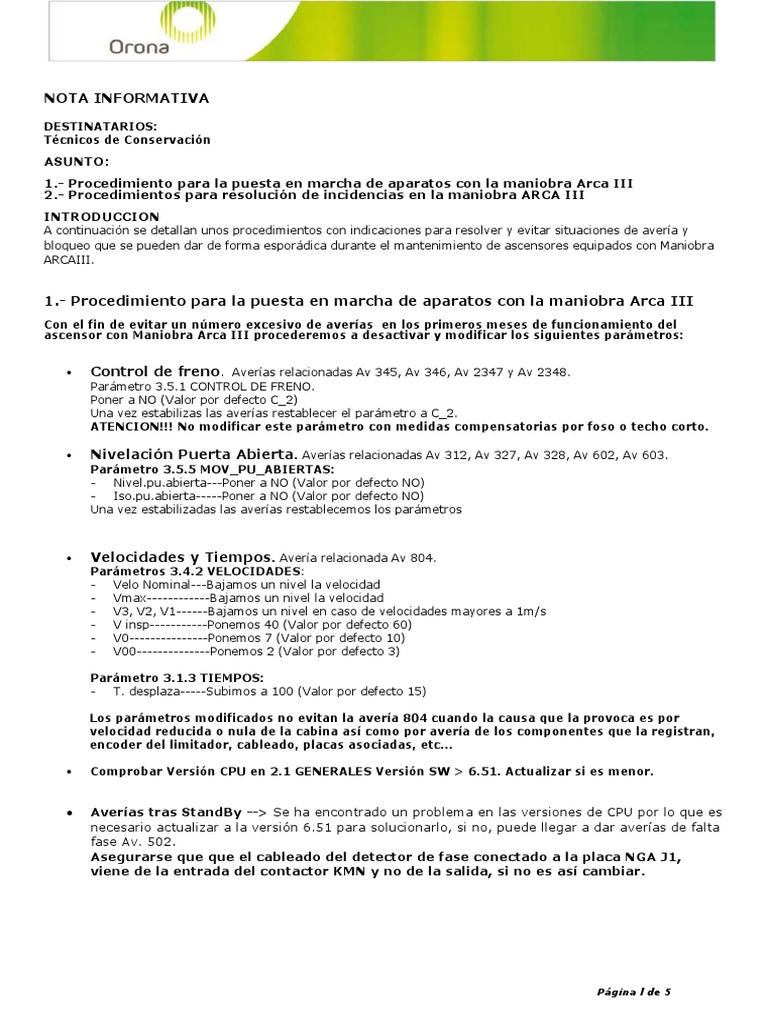 Orona Arca III Puesta en Marcha y Solucion de Averias | PDF | Ascensor | Ingenieria Eléctrica