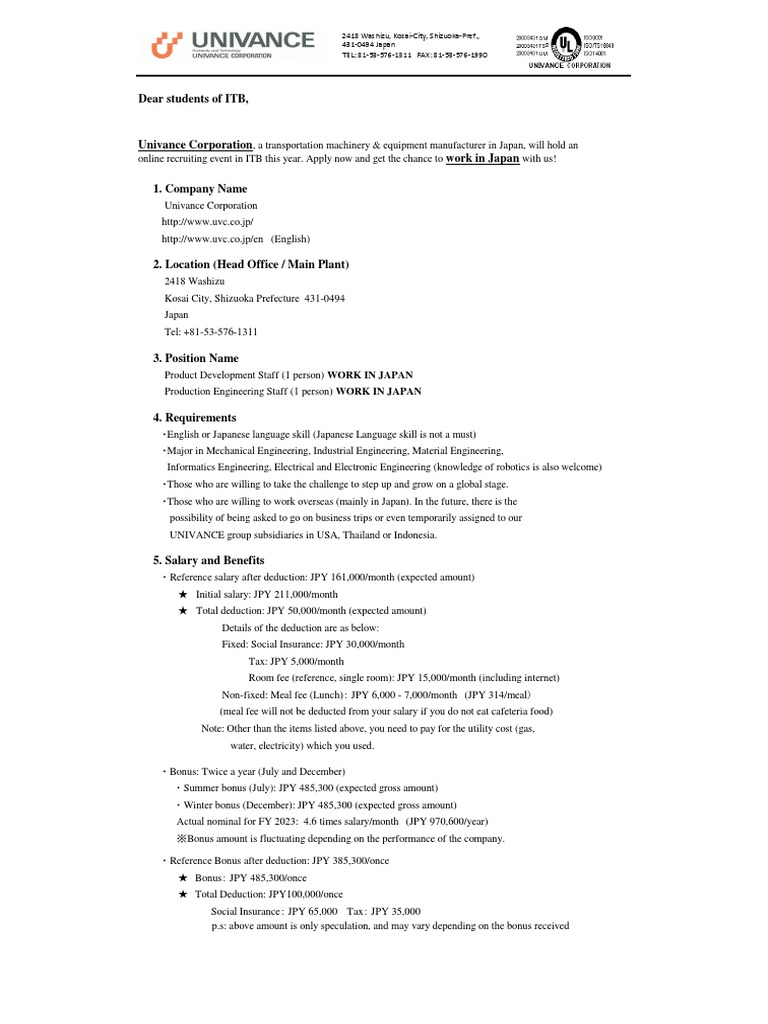 ITB Students: Work in Japan Opportunity | PDF | Finance & Money Management